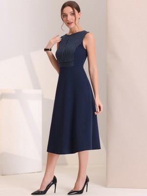 Allegra K Women's Striped Crew Neck Sleeveless A-line Midi Work Office ...