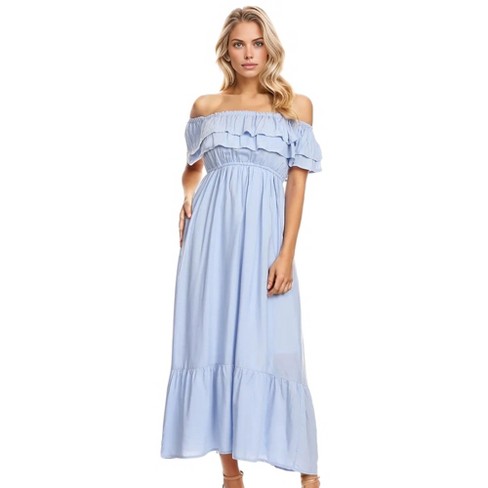 Anna-kaci Women's Off Shoulder Double Ruffle Elastic Waist Maxi Flared ...