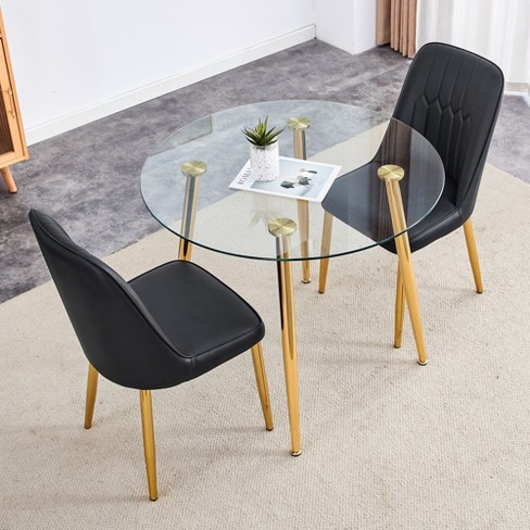 NicBex 3 Piece Dining Table Set with 36 Inch Glass Round Dining Table and 2 Black PU Chairs for Kitchen Apartment Black