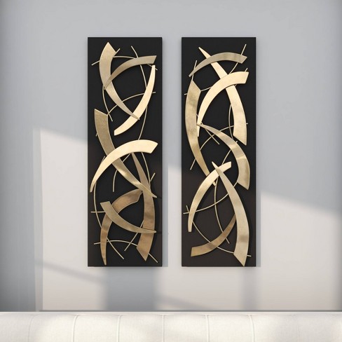 Set Of 2 Metal Abstract Dimensional Wall Decors With Wood Backing Black ...
