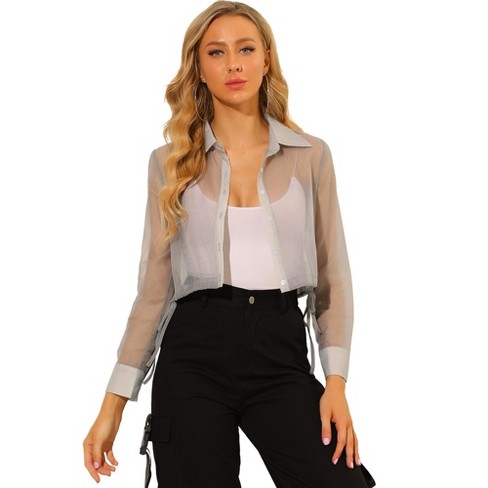 Allegra K Women's Button Front Drawstring Hem Point Collar Mesh Sheer ...