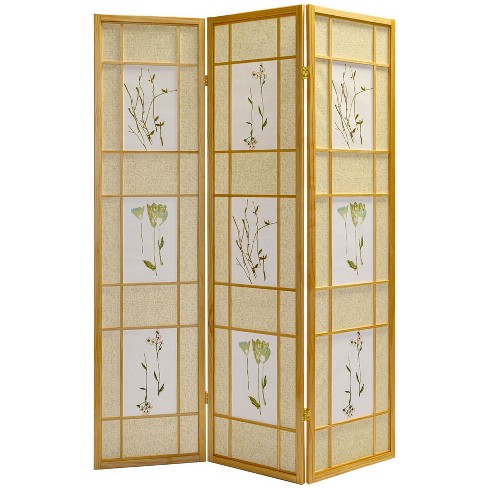 3 Panel Natural/beige Floral Accented Screen Room Divider With Wood ...