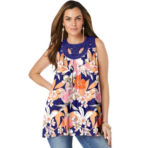 Roaman's Women's Plus Size Crochet Ultra Femme Tank - 12, Navy Aloha ...