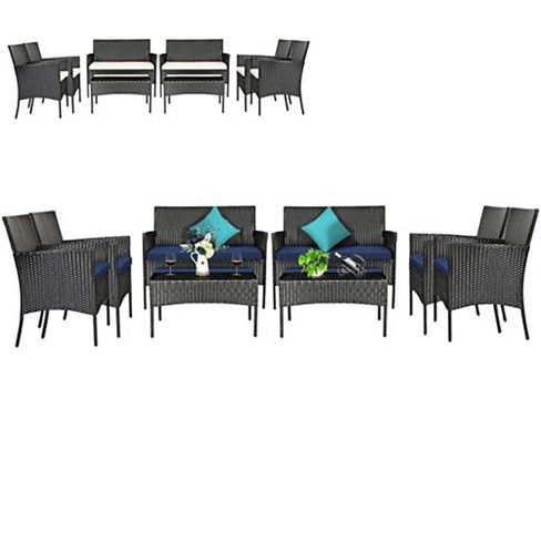 Tangkula 8PCS Outdoor Furniture Set Patio Rattan Conversation Set w Navy Off White Cushion