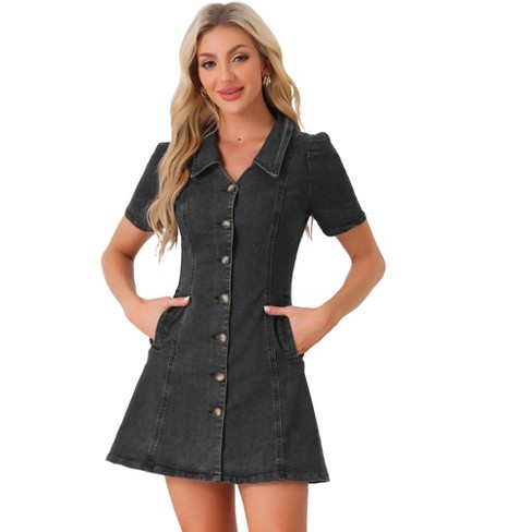 Allegra K Women's Button Up Collared Short Sleeve Washed Jean Demin ...