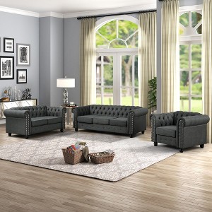 6 Seater 3pcs Linen Chesterfield Couches Armchair Loveseat Sofa Set Tufted Couch for Living Room Gray Morden Fort