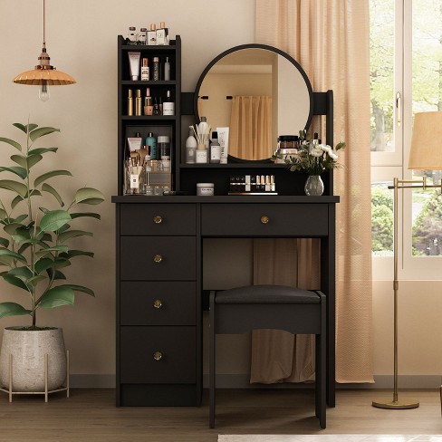Famapy Black Dressing Desk Makeup Vanity Set With Stool And Mirror ...