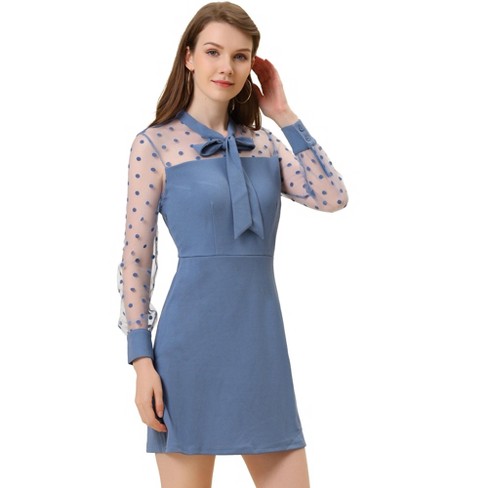 Allegra K Women's Sheer Mesh Panel A-line Tie Neck Dots Cocktail Dress Grey Blue Medium : Target