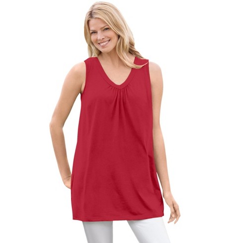 Woman Within Women's Plus Size Perfect Sleeveless Shirred V-neck Tunic ...