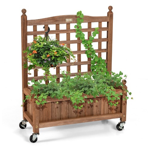 Tangkula 32in Wood Planter Box With Trellis And Wheels Mobile Plant ...