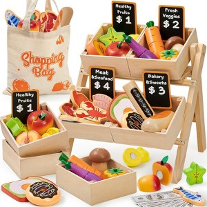 Etokfoks 40 Piece Wooden Grocery Store Play Food Set with Shelf Cutting ...