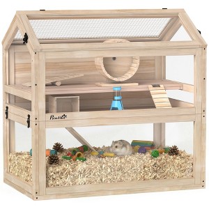 PawHut Wooden Hamster Cage, 3-Tier Small Animal Cage with Hut, Seesaw ...
