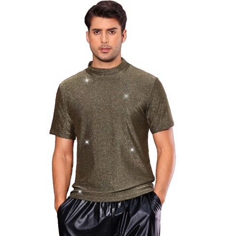 Lars Amadeus Men's Mock Neck Short Sleeve Metallic Party Glitter T-shirts Golden Large : Target