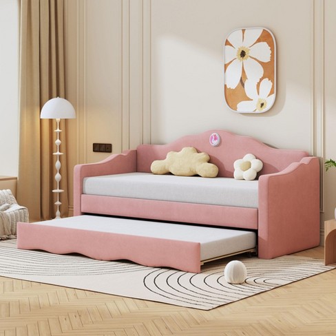 Twin Size Upholstered Daybed With Wave-shaped Trundle, Pink ...