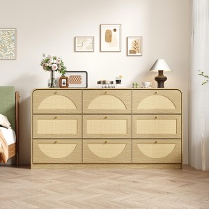 GDFStudio Jaren Farmhouse Wooden 9‑Drawer Dresser with Rattan Front and ...