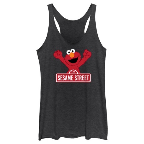 Women's Sesame Street Elmo Red Logo Sign Racerback Tank Top - Black ...