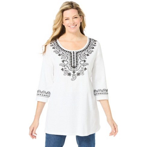 Woman Within Women's Plus Size Embroidered Knit Tunic - 12, White : Target