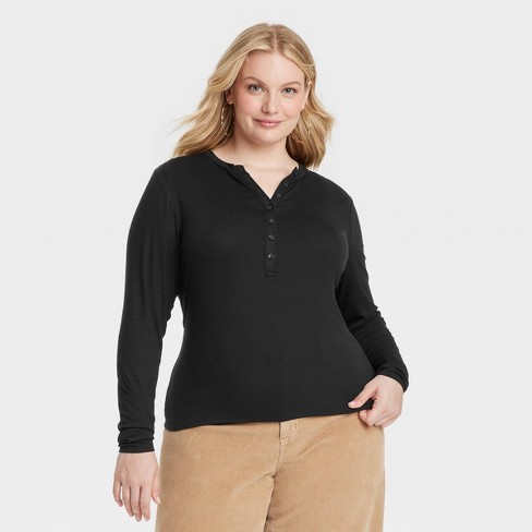 Women's Long Sleeve Henley Neck T-shirt - Universal Thread™ Black 1x ...