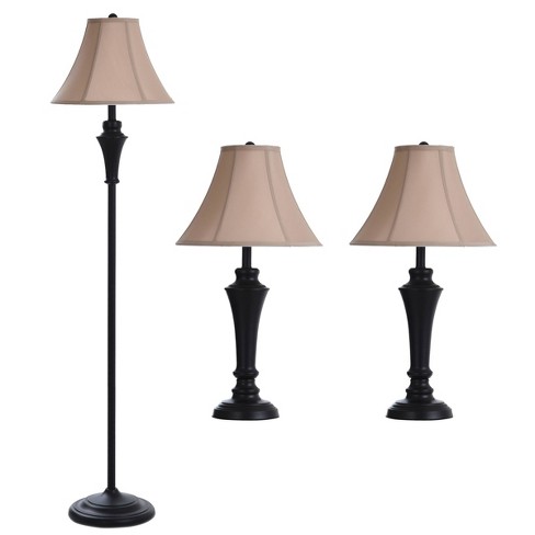 2 Table Lamps And 1 Floor Lamp Black Finish With Taupe Fabric Shades ...