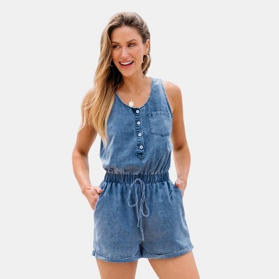 Women's Denim Half-button Sleeveless Romper - Cupshe-l-blue : Target