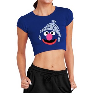 Women's Sesame Street Big Face Super Grover Cap Sleeve Baby Rib Crop ...