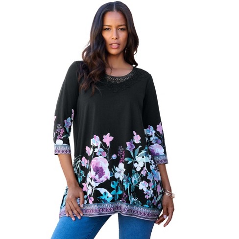 Roaman's Women's Plus Size Printed Lace Scoopneck Tunic - 18/20, Black ...