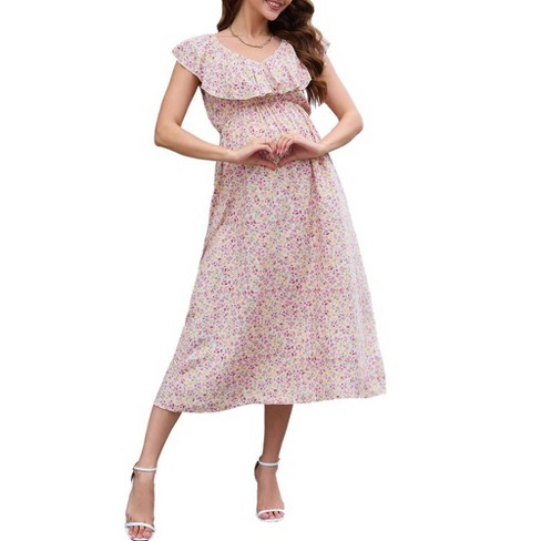 Women Maternity Summer Spring Casual V Neck Boho Sundress Ruffle Cap ...
