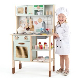 Costway Kids Play Kitchen Wooden Pretend Kitchen Playset w/ Rattan ...
