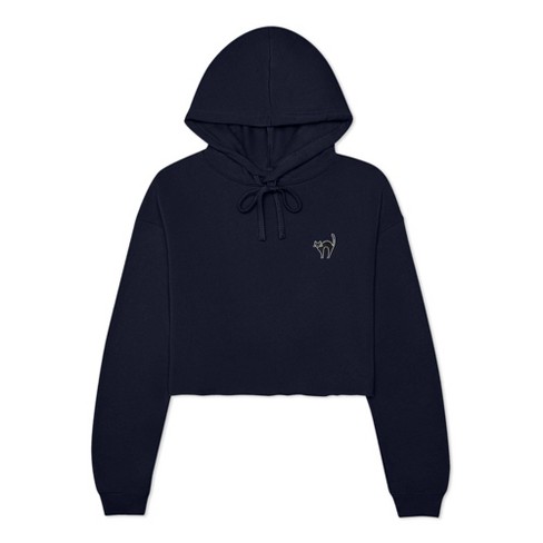 Dalix Black Cat Embroidered Fleece Cropped Hoodie Cold Fall Winter ...