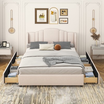 Queen Size Upholstered Platform Bed Velvet Storage Bed With Wingback ...