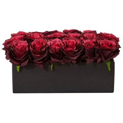 Nearly Natural 6-in Dozen Silk Roses In Ceramic Rectangular Planter ...