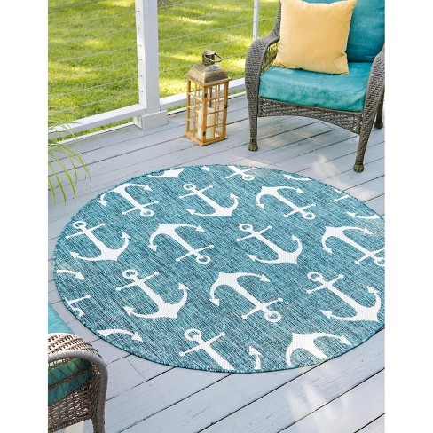 Unique Loom 10' 0 X 10' 0 Round Indoor/outdoor Coastal Teal Area Rug ...