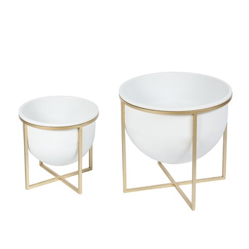 Luxenhome Set Of 2 White Metal Cachepot Planters With Gold Metal Stands ...