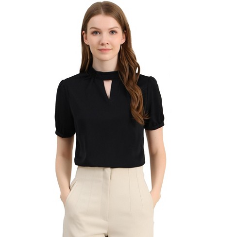 Allegra K Women's Stand Collar Short Puff Sleeves Elegant Work Office ...