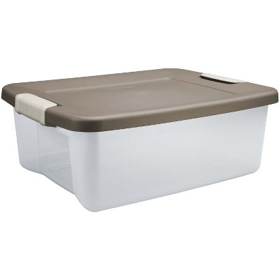 Sterilite 25 Qt. Shelf Tote Driftwood Lid Clear Base W/platinum Latches ...