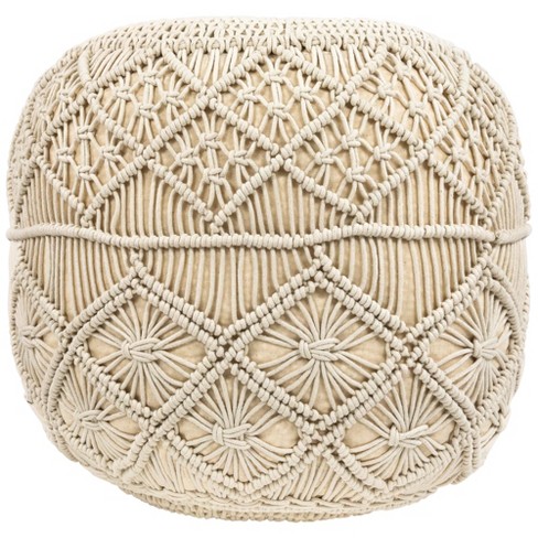 Northlight 18" Solid Cream Macrame Round Handmade Natural Cotton Pouf ...