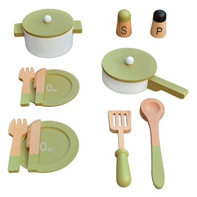 Teamson Kids Wooden Cookware Play Kitchen Toy Accessories Green 14 Pcs ...