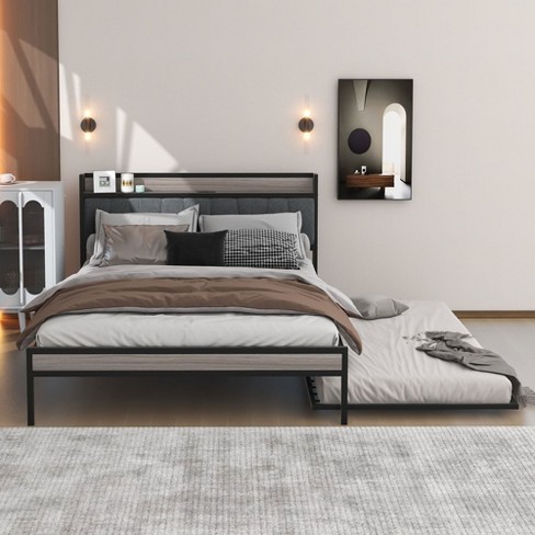 Queen Size Metal Platform Bed Frame With Twin Size Trundle, Upholstered ...