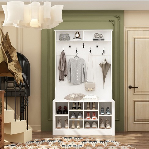 Famapy White Wood 3-in-1 Hall Tree Bench With Double Hooks And Shelves ...