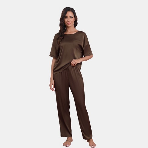 Women's Satin Drop Shoulder Top & Pajama Pants Set - Cupshe-xl-brown ...