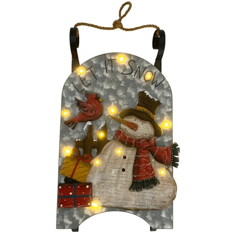 Northlight 17" Led Lighted Wooden Sled With Snowman And Cardinal ...