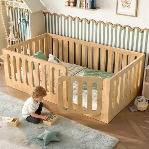 Twin ft Floor Bed with High Fence for Kids, Solid Wood Montessori Bed ...