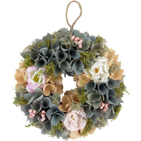 Northlight 10" Tan And Blue Wooden Floral Spring Wreath : Target