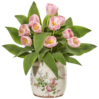 Nearly Natural Tulip Artificial Arrangement In Floral Design Vase : Target