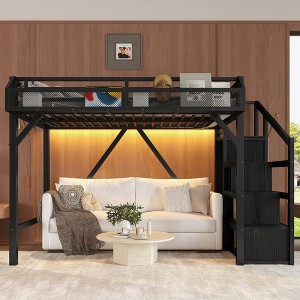 Twin XL Metal Loft Bed Frame with Storage Stairs, Shelves, Built-in ...