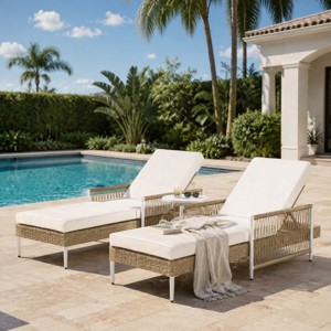 Polibi Outdoor PE Rattan Chaise Lounge, Single or Set of 2, Beige/Gray ...
