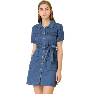 Allegra K Women's Jean Casual Collared Belted Button Down Denim Shirt ...