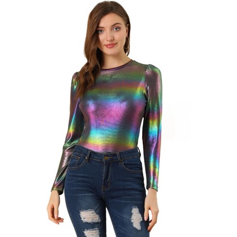 Allegra K Women's Long Sleeve Puff Sleeve Party Glitter Shiny Metallic ...