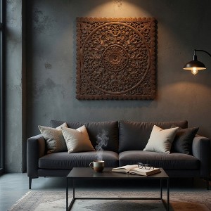 Josa 3pc Wood Wall Panel Set, Mandala Floral Carving, Brown Finish, 48 ...