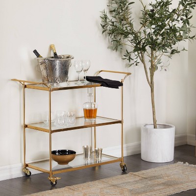 Contemporary Square Bar Cart With 2 Mirrored Trays Gold - Olivia & May ...